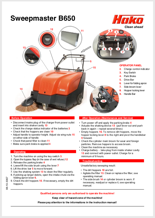 Sweepmaster B650 Wall Chart Manual | Hako Australia Resource